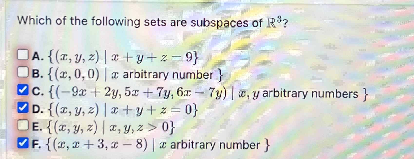 Solved Which of the following sets are subspaces of | Chegg.com
