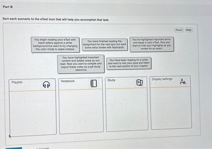 Part B Sort each scenario to the eText icon that will | Chegg.com