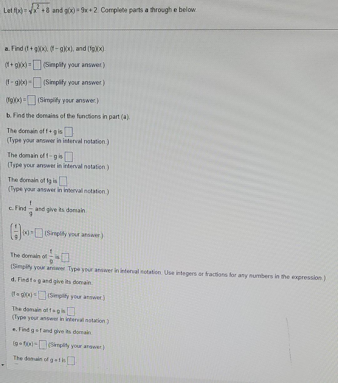 Solved Let f(x)=x2+8 and g(x)=9x+2. Complete parts a through | Chegg.com