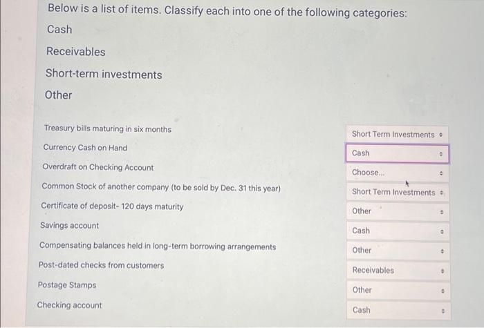 Solved Below is a list of items. Classify each into one of | Chegg.com