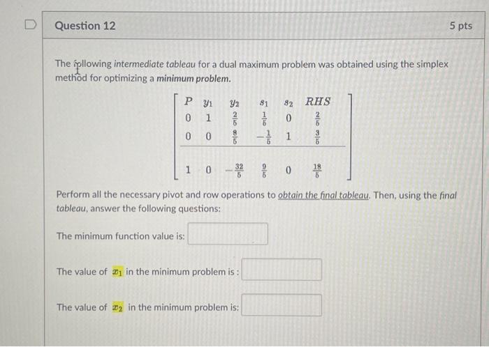 Solved The ifollowing intermediate tableau for a dual | Chegg.com