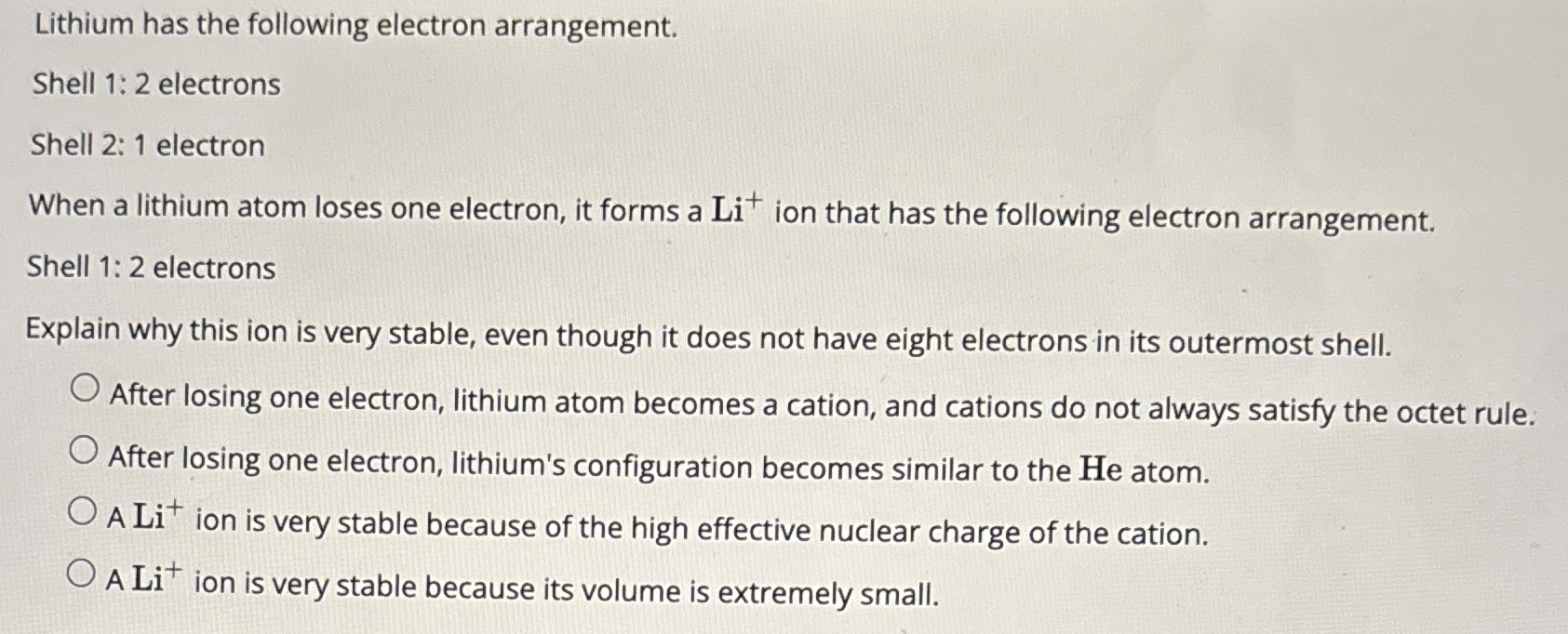 Solved Lithium has the following electron arrangement.Shell | Chegg.com