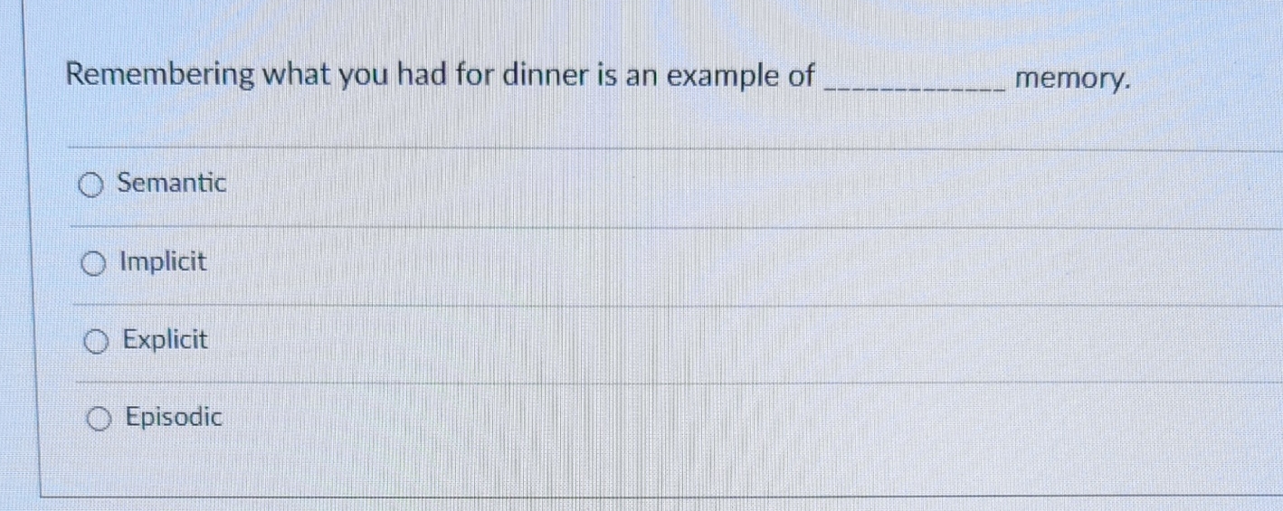 Solved Remembering what you had for dinner is an example of | Chegg.com