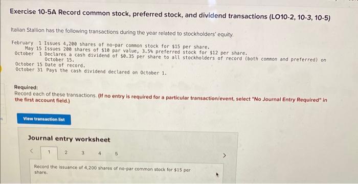 Solved Exercise 10-5A Record common stock, preferred stock, | Chegg.com