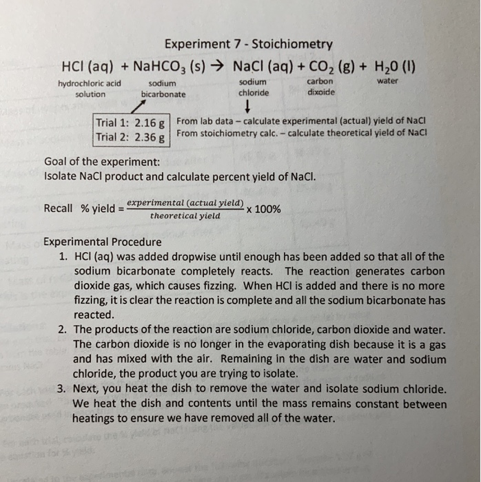 Solved Experiment 7 - Stoichiometry HCI (aq) + NaHCO3 (s) → | Chegg.com