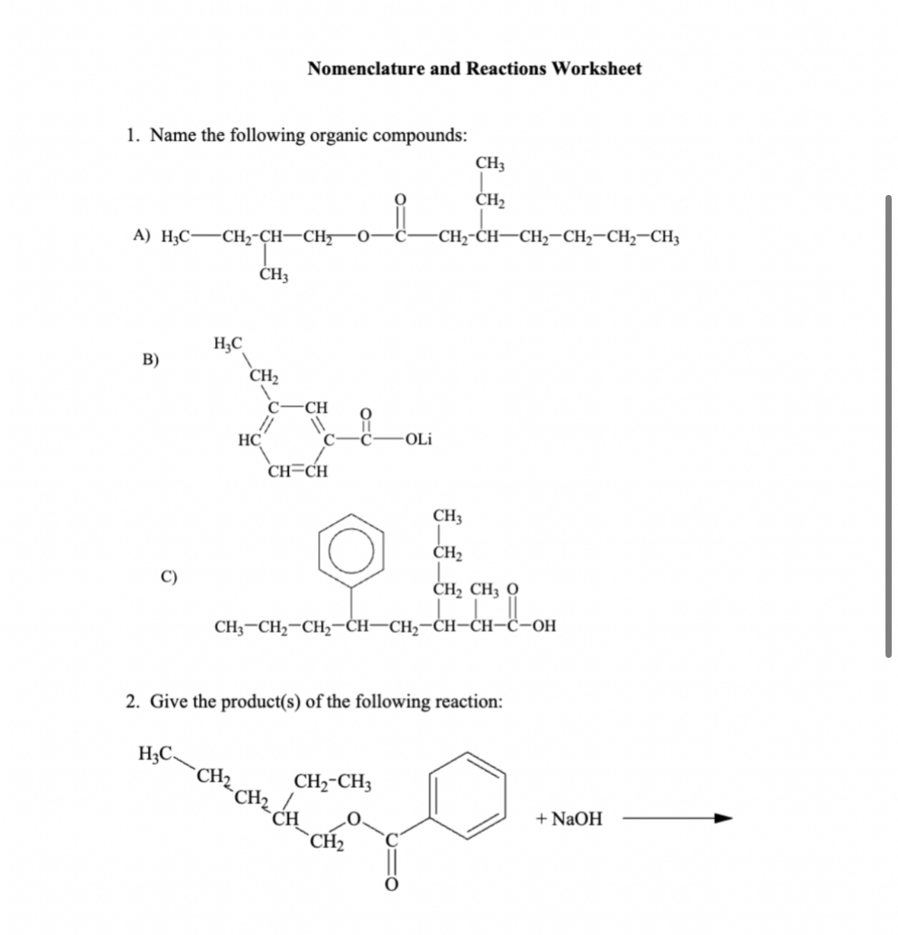 Solved Nomenclature and Reactions WorksheetName the | Chegg.com