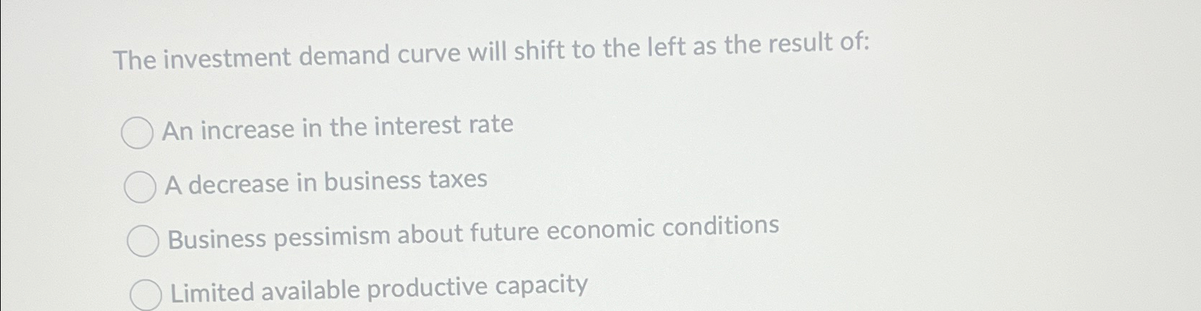 Solved The investment demand curve will shift to the left as | Chegg.com