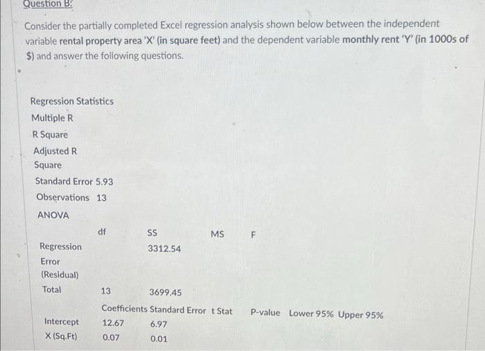Solved Question B Consider The Partially Completed Excel