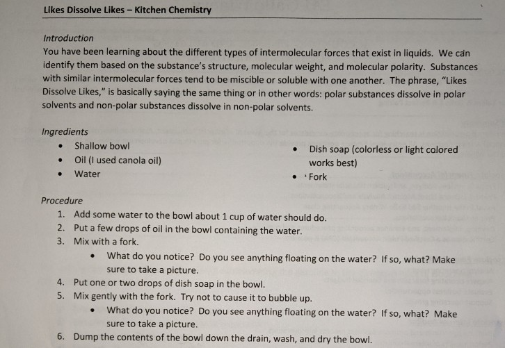 Solved Likes Dissolve Likes - Kitchen Chemistry Introduction | Chegg.com