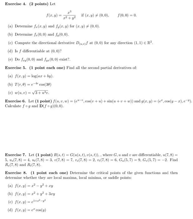 Solved Exercise 4. (2 points) Let &,y) = 2 if (x,y) + (0,0), | Chegg.com