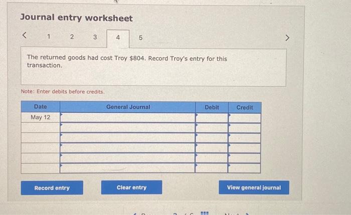 Solved Journal entry worksheet The returned goods had cost | Chegg.com