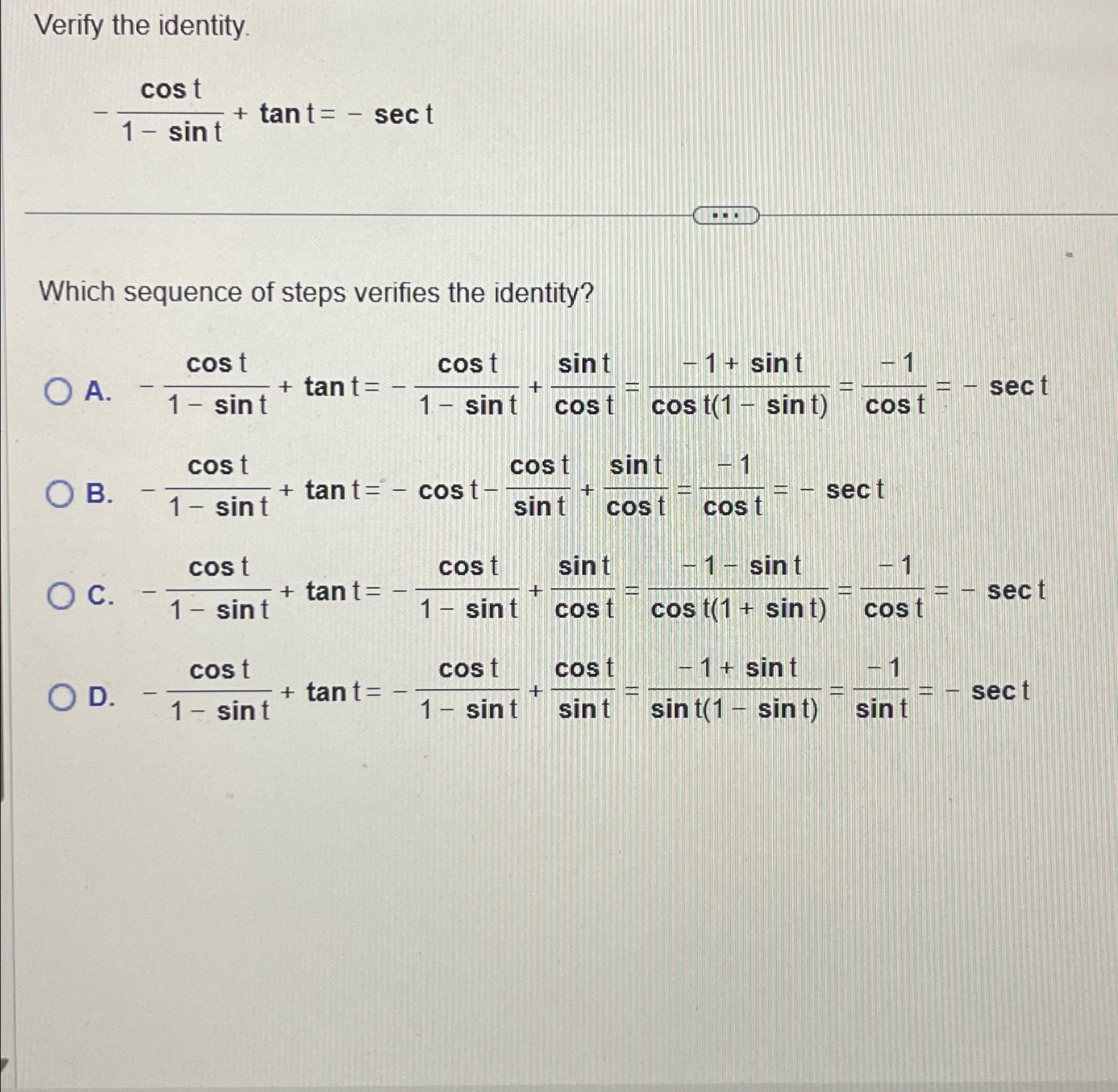 Solved Verify the identity.-cost1-sint+tant=-sectWhich | Chegg.com