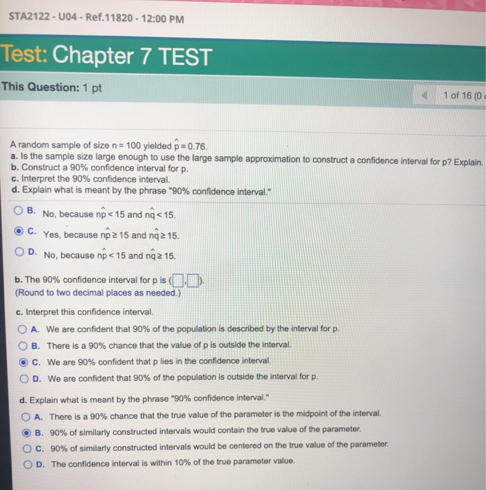 Solved STA2122 - 004 - Ref.11820 - 12:00 PM Test: Chapter 7 | Chegg.com