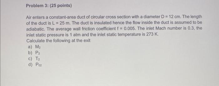 Solved Air enters a constant-area duct of circular cross | Chegg.com