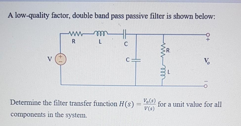 Solved A low-quality factor, double band pass passive filter | Chegg.com