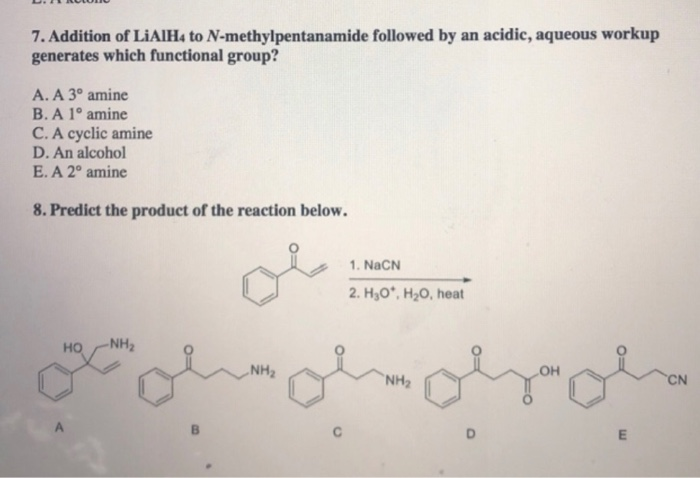 Solved 7. Addition of LiAlH4 to N-methylpentanamide followed | Chegg.com