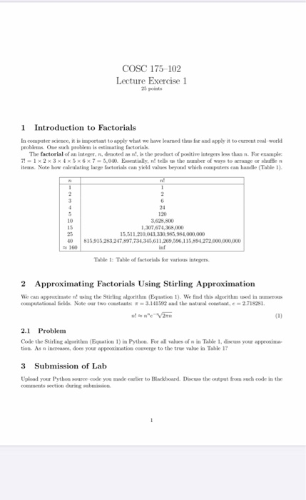 Solved COSC 175-102 Lecture Exercise 1 25 pm 1 Introduction | Chegg.com