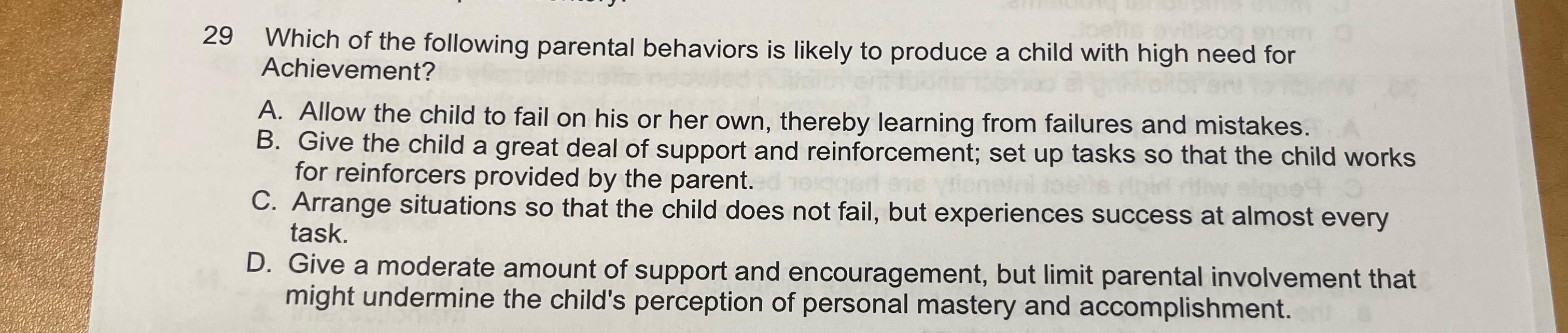 Solved 29 ﻿Which of the following parental behaviors is | Chegg.com