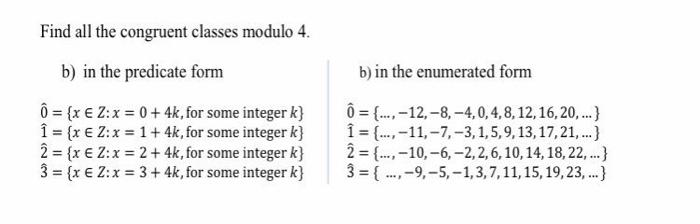 Solved Find all the congruent classes modulo 4. b) in the | Chegg.com