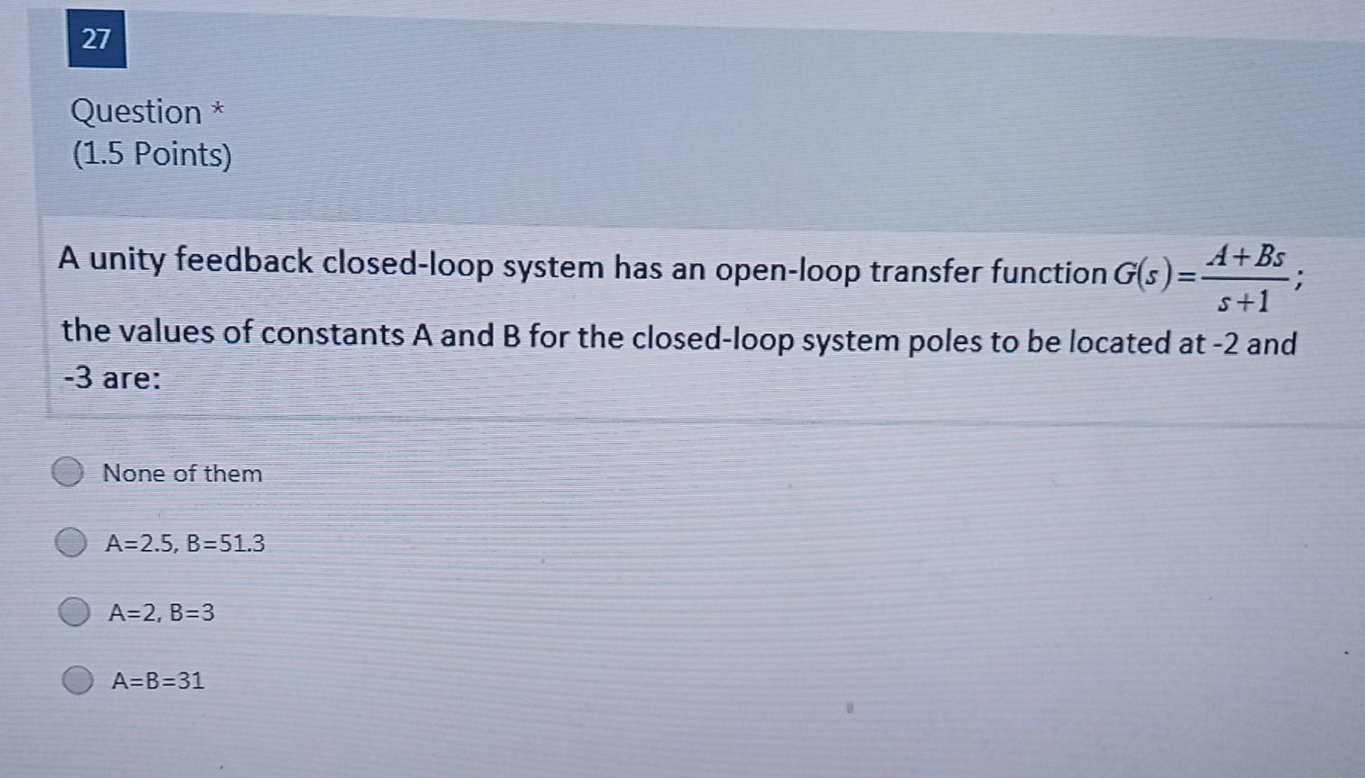 Solved Question * (1.5 Points) A unity feedback closed-loop | Chegg.com