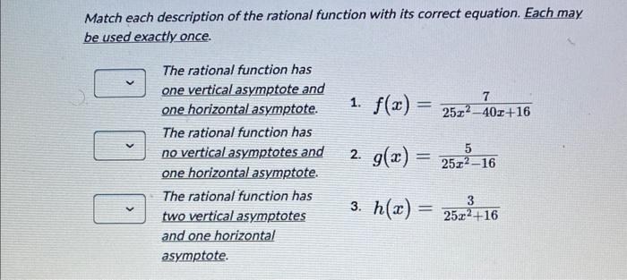 Solved Match each description of the rational function with | Chegg.com