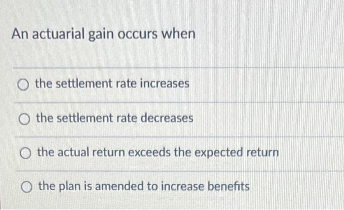 Solved An actuarial gain occurs when the settlement rate | Chegg.com