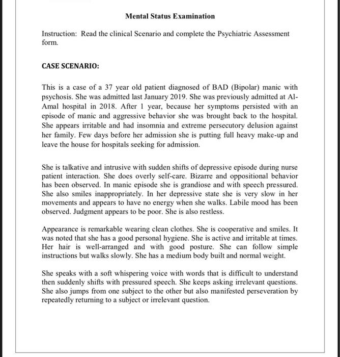 Solved Mental Status Examination Instruction: Read the | Chegg.com