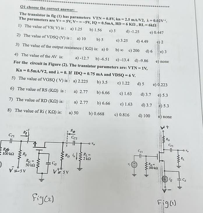 Solved The transistor in fig (1) has parameters VTN=0.8 | Chegg.com