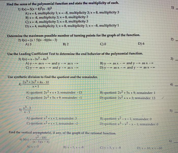 Find the res of the polynomial function and state the | Chegg.com