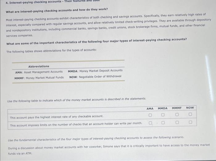 Solved 4. Interest-paying checking accounts - Their features | Chegg.com