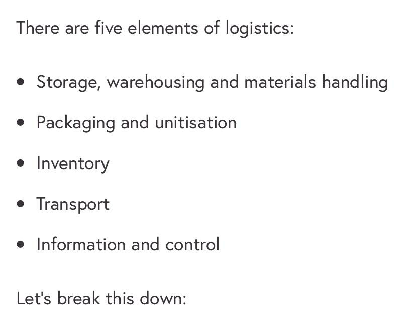 Solved There are five elements of logistics: • Storage, | Chegg.com