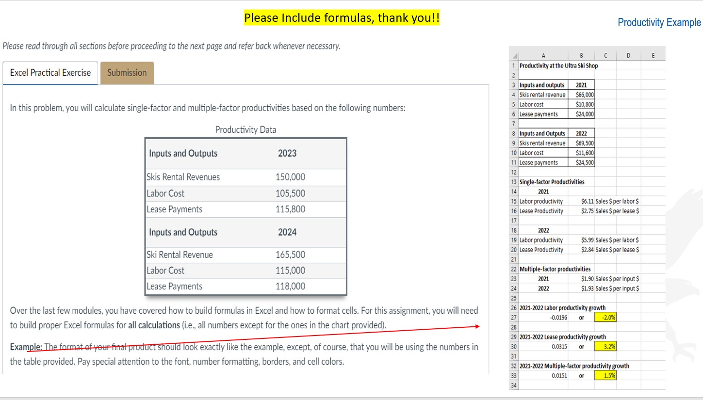 Solved Please Include formulas, thank you!!Productivity | Chegg.com
