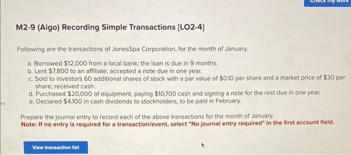 Solved M2-9 (Algo) Recording Simple Transactions [LO2-4] | Chegg.com