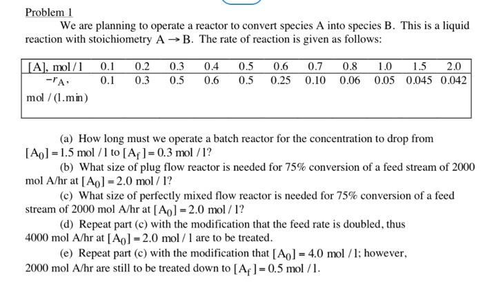 Solved Problem 1 We are planning to operate a reactor to | Chegg.com