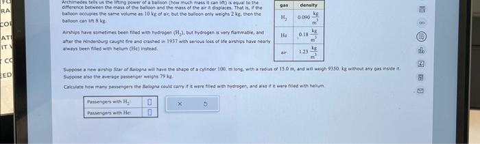 Solved Archimedes tells us the lifting power of a balloon | Chegg.com