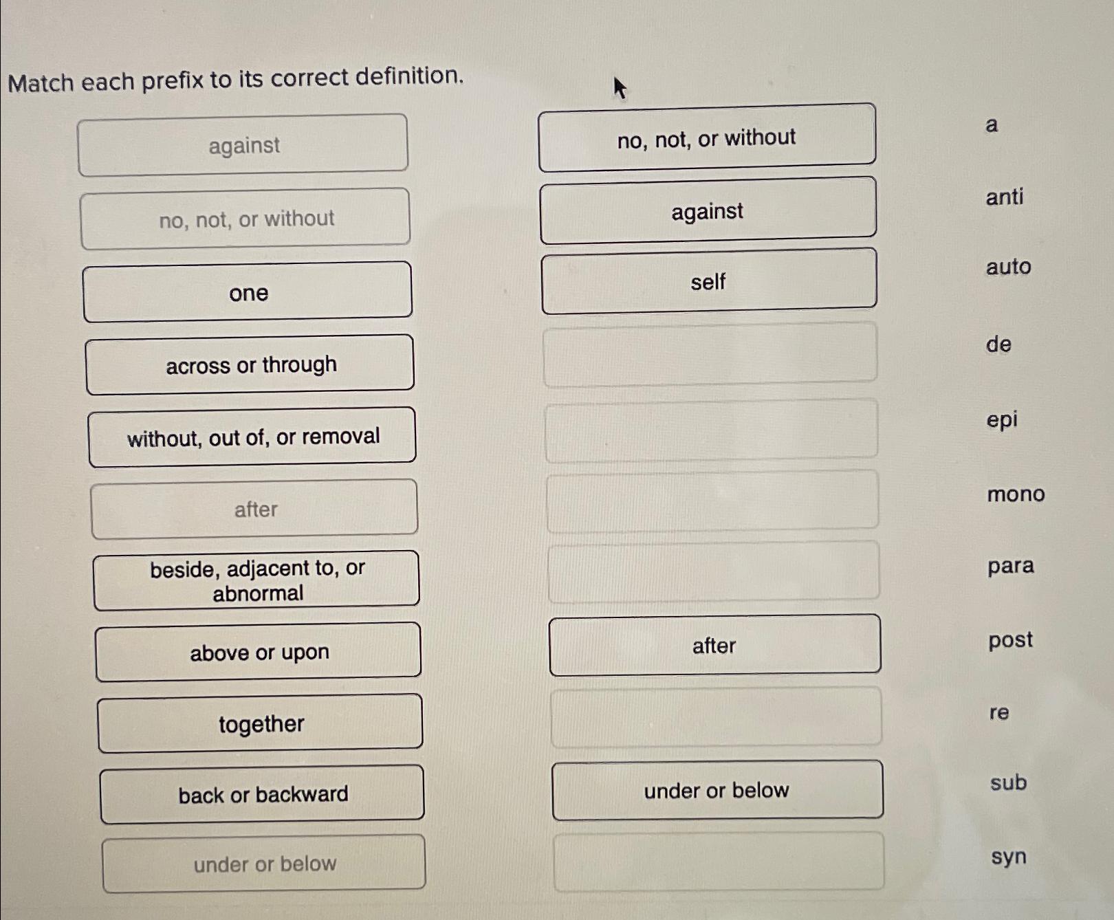 Solved Match each prefix to its correct definition.no, ﻿not, | Chegg.com