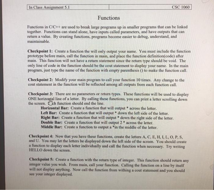Solved In Class Assignment 5.1 CSC 1060 Functions Functions | Chegg.com