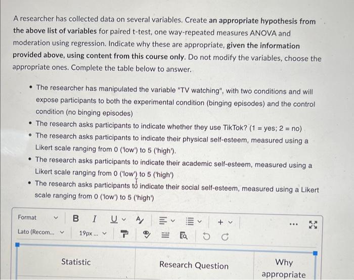 Solved A researcher has collected data on several variables. | Chegg.com