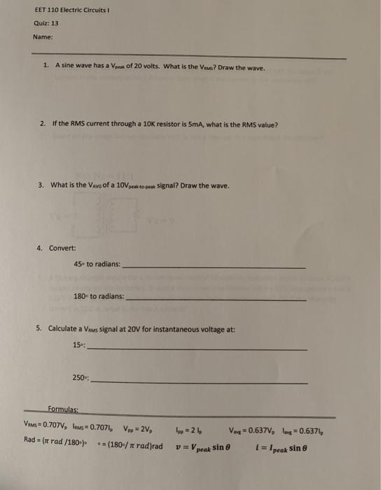 Solved EET 110 Electric Circuits Quiz: 13 Name: 1. A sine | Chegg.com
