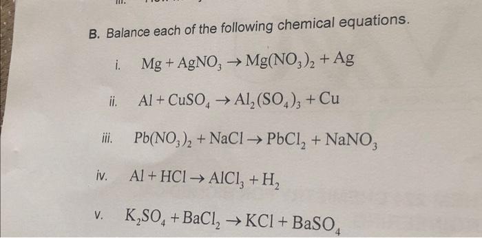 Solved B. Balance each of the following chemical equations. | Chegg.com