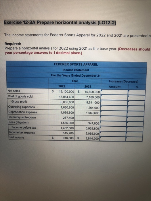 Solved Exercise 12-3A Prepare horizontal analysis (L012-2) | Chegg.com