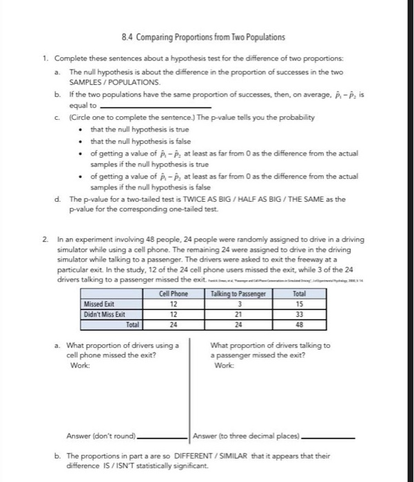 Solved 8.4 Comparing Proportions from Two Populations 1. | Chegg.com