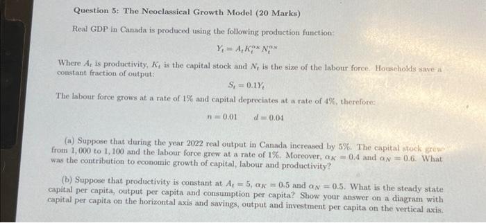 Solved Question 5: The Neoclassical Growth Model (20 Marks) | Chegg.com