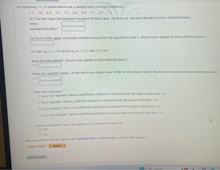 Solved llowing n=10 observations are a sample from a normal | Chegg.com