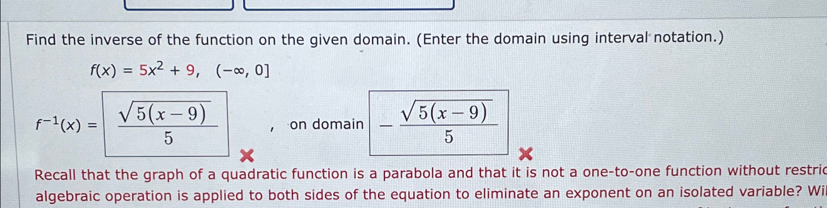 Solved Find the inverse of the function on the given domain. | Chegg.com