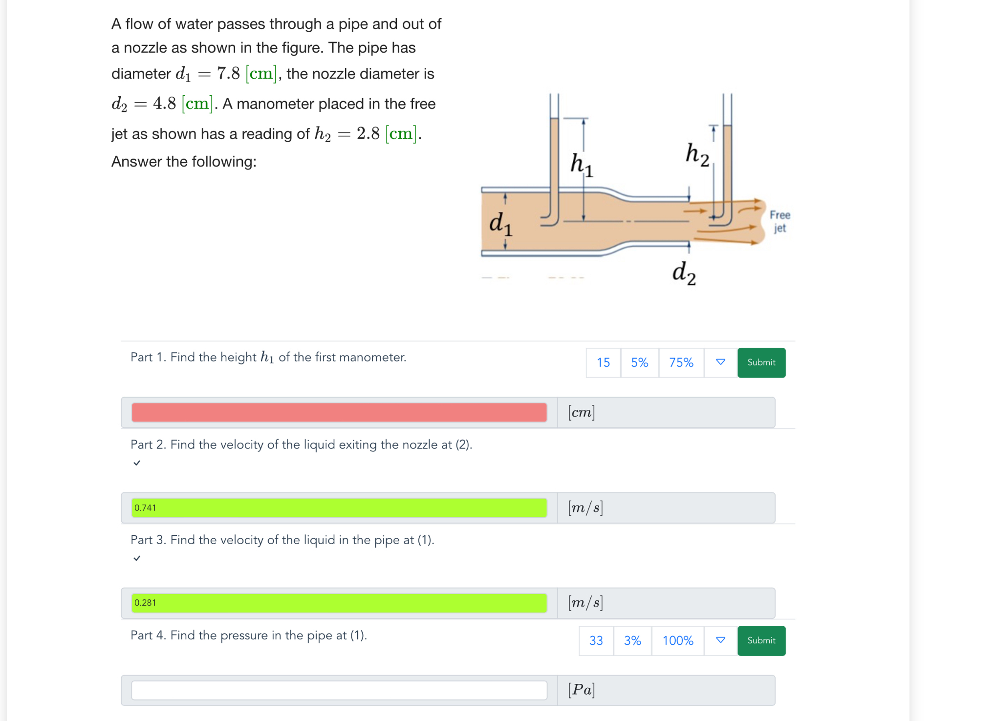 Solved A flow of water passes through a pipe and out of a | Chegg.com