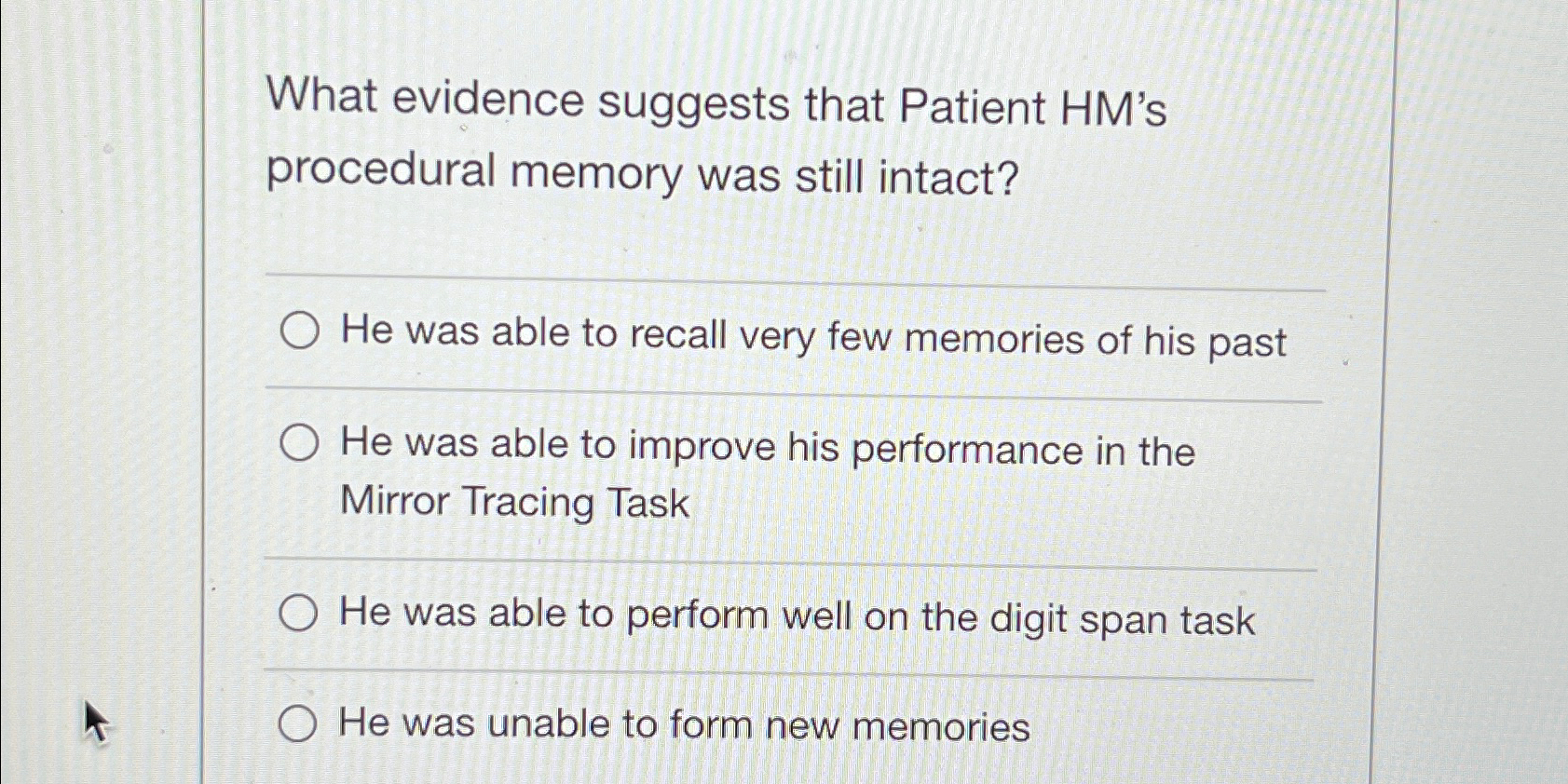 Solved What evidence suggests that Patient HM's procedural | Chegg.com