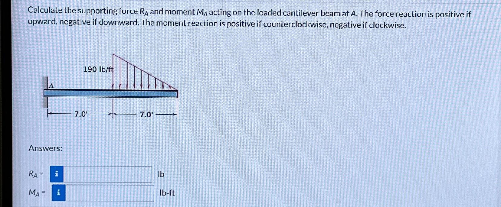 Solved Calculate the supporting force RA ﻿and moment MA | Chegg.com