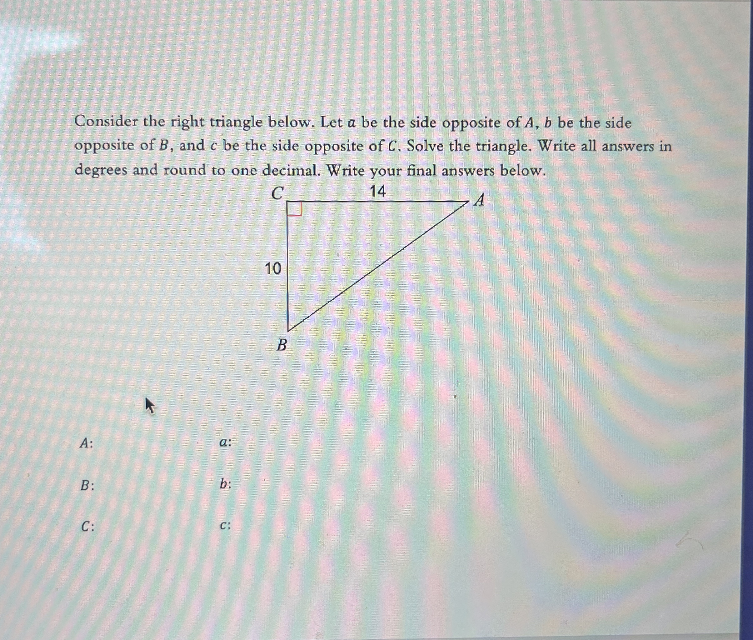 Solved Consider the right triangle below. Let a ﻿be the side | Chegg.com