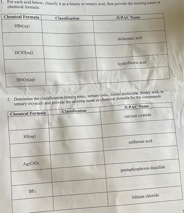 Solved 1. For each acid below, classify it as a binary or | Chegg.com